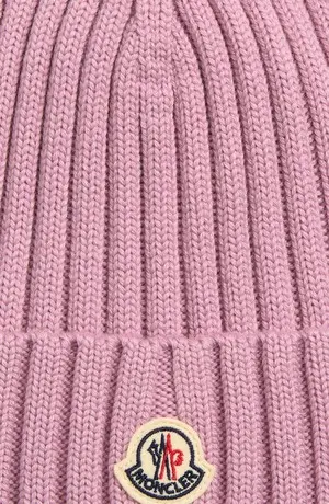 Moncler Logo Patch Ribbed Wool Beanie - Pink