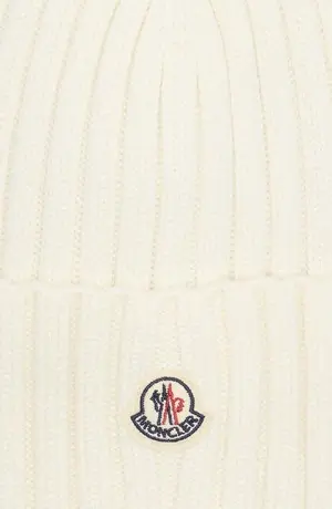 Moncler Logo Patch Ribbed Wool Beanie - White