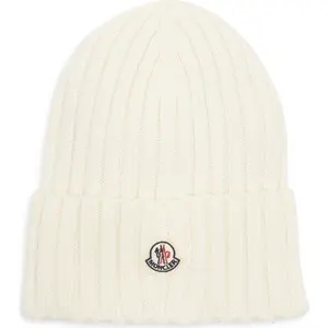 Moncler Logo Patch Ribbed Wool Beanie White