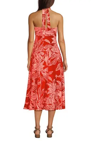 LANDS' END Cotton Modal Halter Midi Dress - Mandarin Orange Etched Leaves