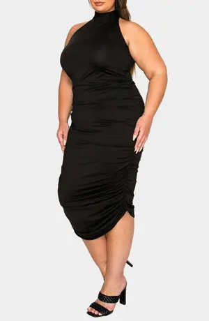 L I V D Izzy Ruched Halter Midi Dress - Black