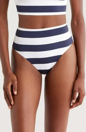 Bondi Born Poppy Stripe High-waist Bikini Bottom - Navy Stripe