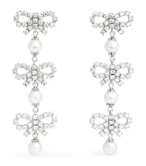 SELF-PORTRAIT Crystal And Faux Pearl Bow Tiered Earrings - White
