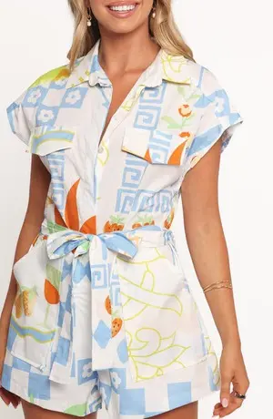 PETAL & PUP Georgina Cotton Romper With Tie Waist - White Multi