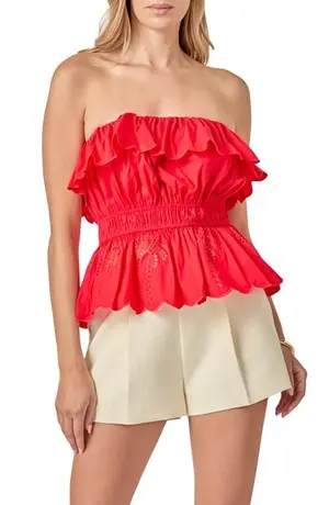 English Factory Embroidered Ruffle Strapless Top - Red