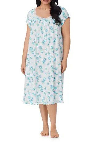 Eileen West Cap Sleeve Waltz Nightgown - White/ Aqua Floral