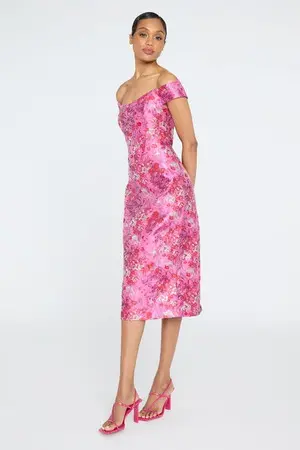 Theia Chantel Off-shoulder Floral Jacquard Dress