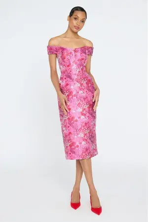 Theia Chantel Off-shoulder Floral Jacquard Dress