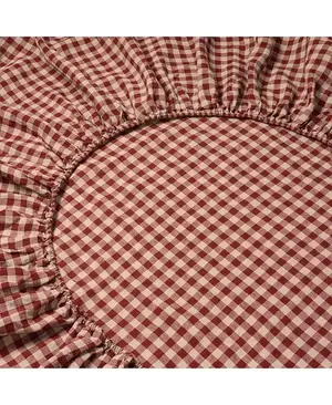 PIGLET IN BED Gingham Linen Fitted Sheet, Full Rhubarb/oatmeal