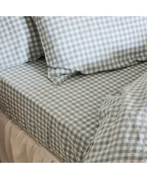 PIGLET IN BED Gingham Linen Fitted Sheet - Warm Blue Gingham