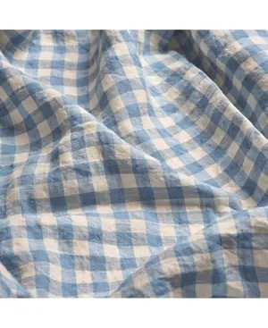 PIGLET IN BED Gingham Linen Fitted Sheet - Warm Blue Gingham