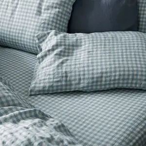PIGLET IN BED Gingham Linen Fitted Sheet - Warm Blue Gingham