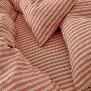 PIGLET IN BED Pembroke Stripe Linen Fitted Sheet, Queen - Sandstone Red