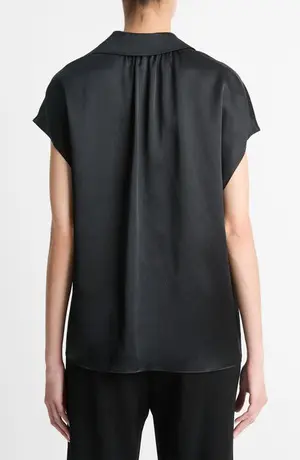 Vince Cap Sleeve Silk Button-up Shirt - Black