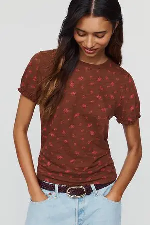 PILCRO Bennie Cotton Puff Sleeve T-shirt - Brown Pattern