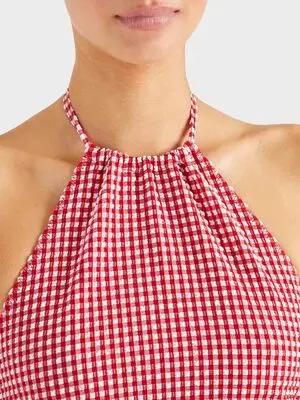 Hunza G Gingham Seersucker Halter Top - Red Gingham