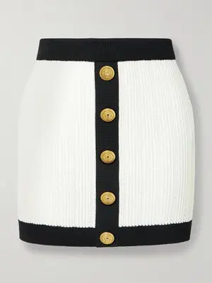 Balmain Button-embellished Ribbed-knit Mini Skirt - White
