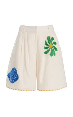 CALA DE LA CRUZ Sia Embroidered Linen Shorts
