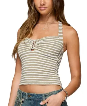 EDIKTED Textured Striped Halter Top - Olive