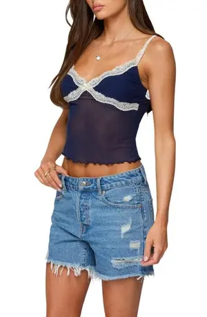 EDIKTED Lacey Contrast Mesh Tank - Navy