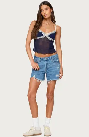 EDIKTED Lacey Contrast Mesh Tank - Navy