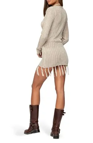 EDIKTED Tassel Long Sleeve Mini Sweater Dress