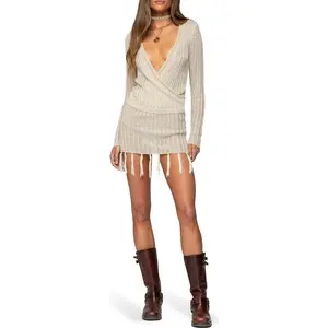 EDIKTED Tassel Long Sleeve Mini Sweater Dress - Beige