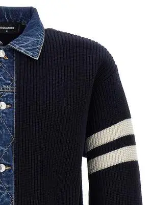 Dsquared2 Wool Cardigan With Denim Details In Blue - 27% Off