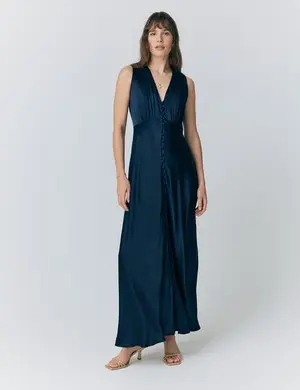 GHOST LONDON River V-neck Button Detailed Satin Maxi Dress - Navy