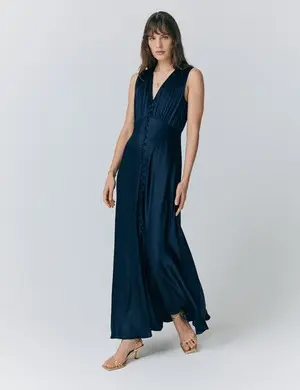 GHOST LONDON River V-neck Button Detailed Satin Maxi Dress - Navy