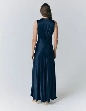 GHOST LONDON River V-neck Button Detailed Satin Maxi Dress - Navy