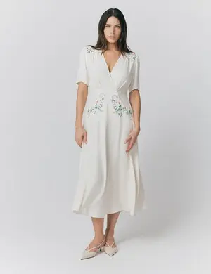 GHOST LONDON Maeva Embroidered Crepe Midi Tea Dress - Ivory