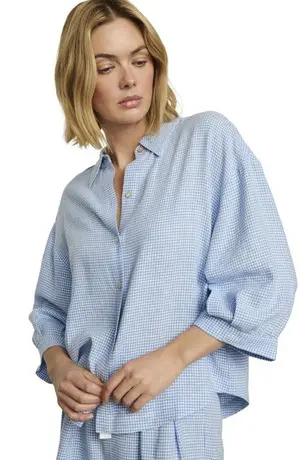 Eberjey Relaxed Linen Blend Button-up Sleep Shirt - Gingham White/summer