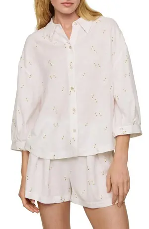 Eberjey Relaxed Linen Blend Button-up Sleep Shirt - Summer Daisy White