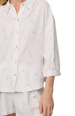 Eberjey Relaxed Linen Blend Button-up Sleep Shirt - Summer Daisy White