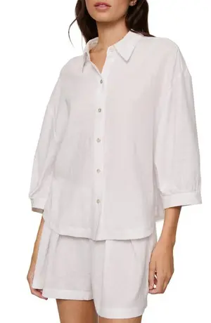 Eberjey Relaxed Linen Blend Button-up Sleep Shirt - White