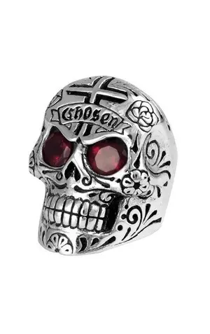 KING BABY STUDIO Skull Ring With Cross And Garnet - Silver