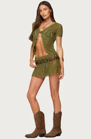 EDIKTED Mabelle Crochet Mini Skirt - Olive