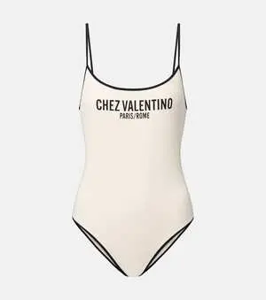 Valentino Garavani Logo Printed Piqué Swimsuit - White