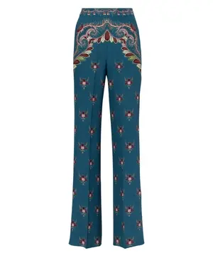 Etro Floral Printed Flared Silk Pants - Blue