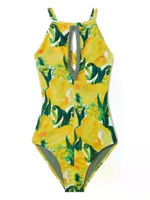 La DoubleJ Floral-print Halter One-piece Swimsuit - Yellow