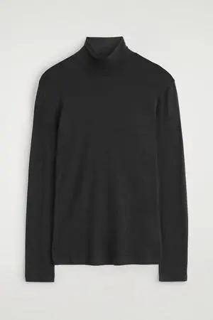 Cos Slim Wool-Jersey Roll Neck Top Black