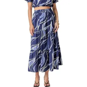 English Factory Printed Tiered Maxi Skirt - Navy/ Blue Multi