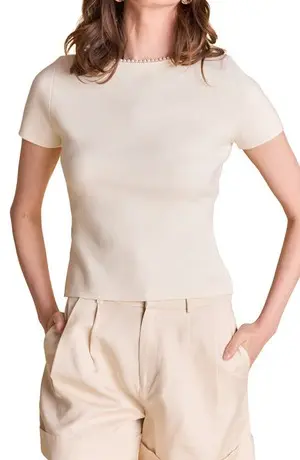 Endless Rose Faux Pearl Trim Ribbed T-shirt