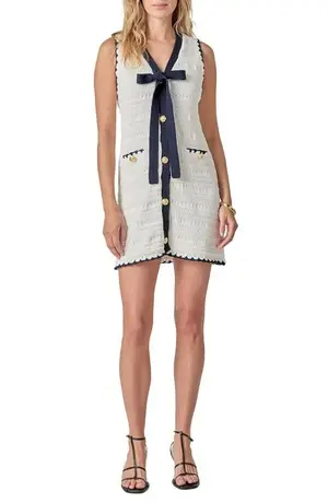 English Factory Contrast Trim Open Stitch Tie Neck Cotton Dress - White/ Navy