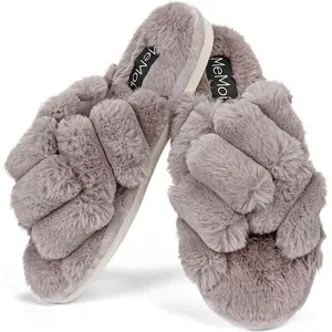 MEMOI Double Cross Plush Slippers - Gray