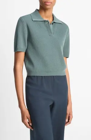 Vince Rib Silk & Cotton Polo - Teal Stone