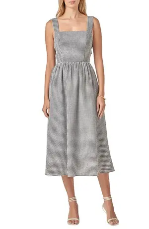 English Factory Gingham Sleeveless Midi Dress With Tie Back - Black/ White Gingham