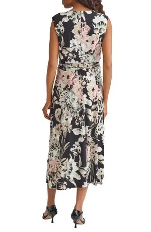 KASPER Printed Tie Waist Sleeveless Midi Dress