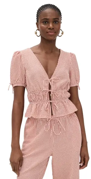 WAYF Nina Tie-front Top - Clay Seersucker